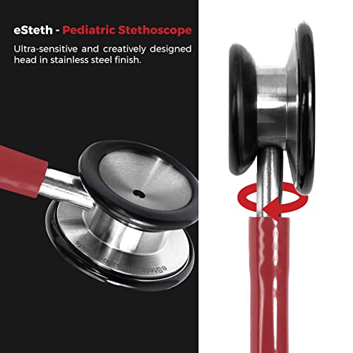 eSteth Pediatric Stethoscope - Ultra Sensitive Dual-Head Chest Piece for Monitoring Amplified Heart, Lung Sounds - Flexible Stethoscope Tubing - Extra Ear Tips & Non-Chill Ring - 32" Long, Cherry Red