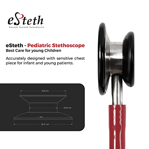 eSteth Pediatric Stethoscope - Ultra Sensitive Dual-Head Chest Piece for Monitoring Amplified Heart, Lung Sounds - Flexible Stethoscope Tubing - Extra Ear Tips & Non-Chill Ring - 32" Long, Cherry Red