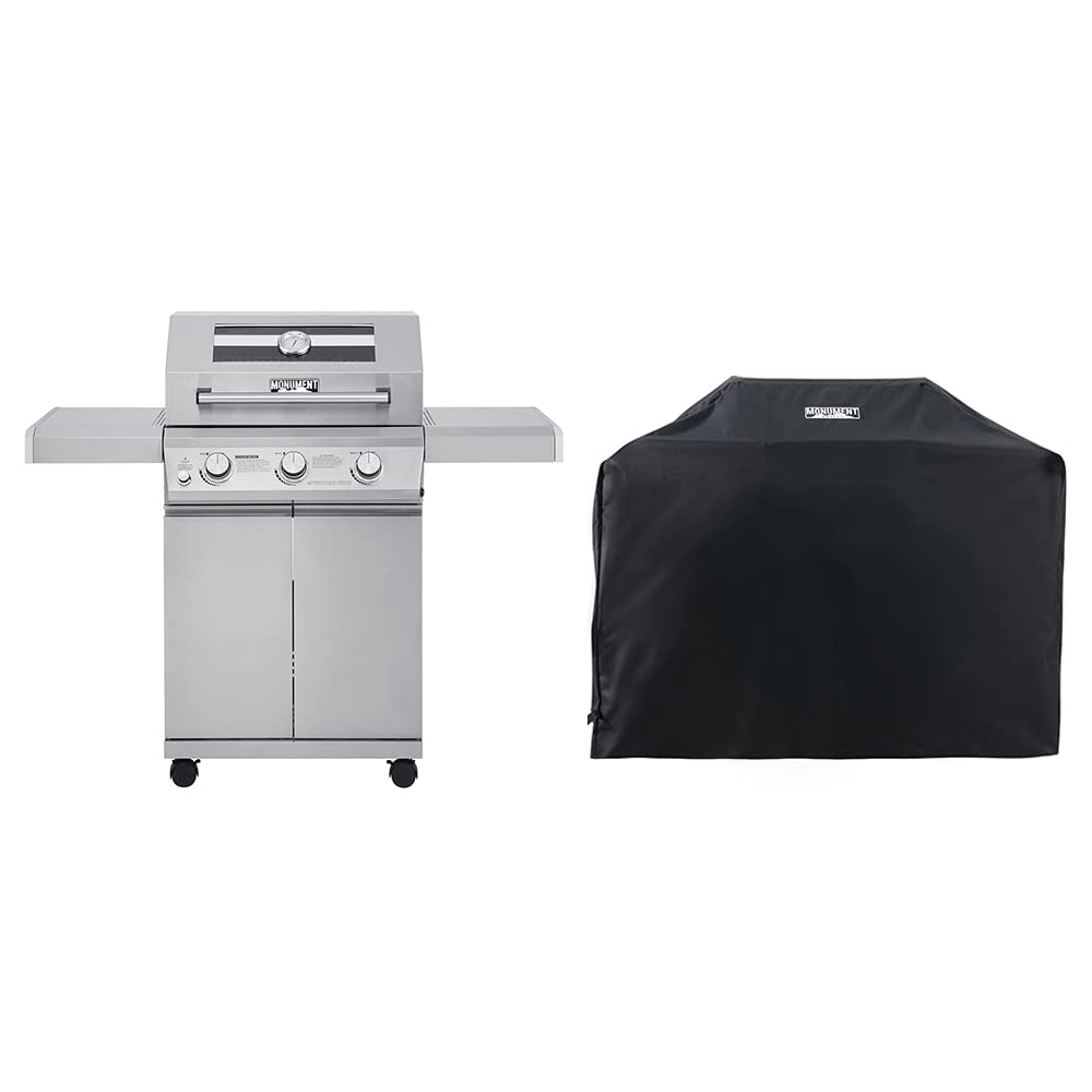 Monument Grills Larger 3-Burner Propane Gas Grills Barbeque Stainless Steel Heavy-Duty Cabinet Style with BBQ Cover (2 Items)