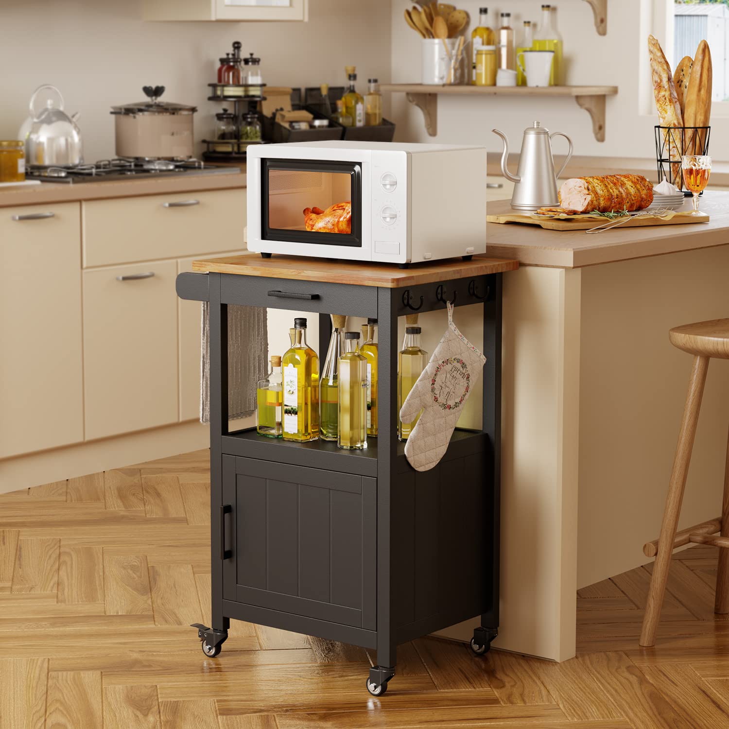 Qsun Kitchen Island Cart on Wheels with Drawer, Storage Cabinet, Shelf and Side Hook, Rolling Kitchen Cart with Rubber Wood Countertop, Microwaves Stand for Small Space, Black