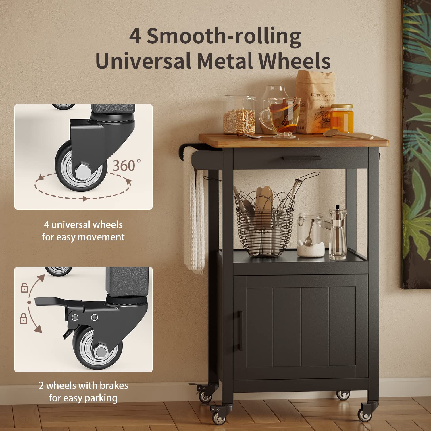 Qsun Kitchen Island Cart on Wheels with Drawer, Storage Cabinet, Shelf and Side Hook, Rolling Kitchen Cart with Rubber Wood Countertop, Microwaves Stand for Small Space, Black