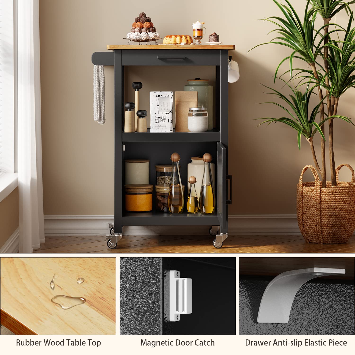 Qsun Kitchen Island Cart on Wheels with Drawer, Storage Cabinet, Shelf and Side Hook, Rolling Kitchen Cart with Rubber Wood Countertop, Microwaves Stand for Small Space, Black