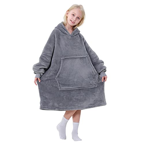 huayoute Oversized Blanket Hoodie Kids Wearable Blanket Sweatshirt for Teens Boys Girls,Super Soft Warm and Cozy Hooded Blanket Thick Flannel Blanket with Sleeves and Giant Pocket(Grey