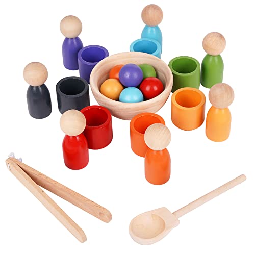 Balls in Cups Montessori Toy Wooden Sorter Game Wooden Peg Dolls in Cups Colorful Balls Peg Dolls and Dishes Color Sorting Preschool Learning Education Fine Motor Skill Toys for Toddlers