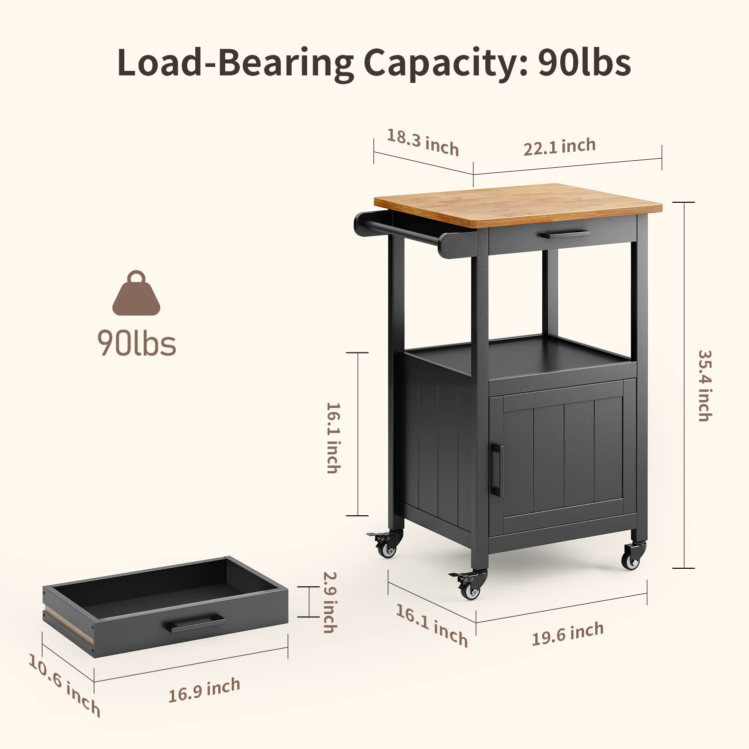 Qsun Kitchen Island Cart on Wheels with Drawer, Storage Cabinet, Shelf and Side Hook, Rolling Kitchen Cart with Rubber Wood Countertop, Microwaves Stand for Small Space, Black