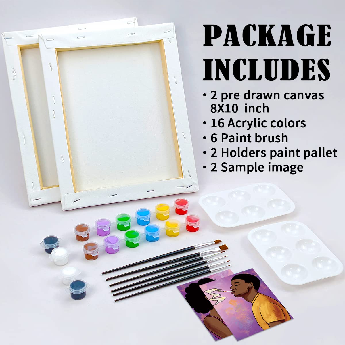 Couples Paint Party Kits Pre Drawn Canvas for Adults for Paint and Sip Date Night Games for Couples Painting kit 8x10 African American Girl Boy (2 Pack) Valentine