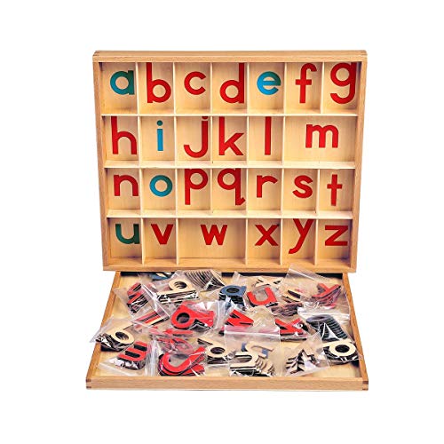 JE JOUE Montessori Letter Work Learning Materials Wooden Small moveable Alphabet Language Objects with Box (Red & Blue)