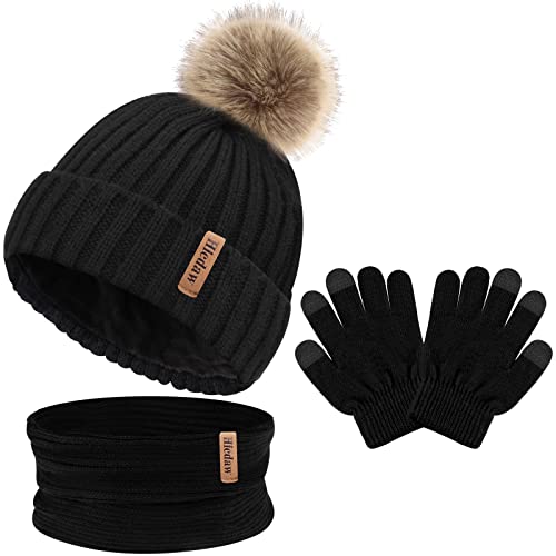Hicdaw Kids Winter Hats Gloves Scarf Set Warm Knitted Touchscreen Gloves Toddlers Baby Beanie Hat with Fur Poms for Boy Girl, Black