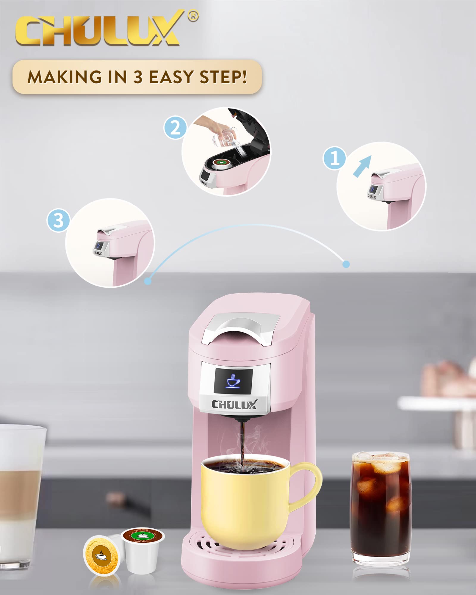 CHULUX Upgrade Single Serve Coffee Maker for K Cup & Ground Coffee, Pink Mini Single Cup Coffee Machine with One Touch Function, Fast Brewing in Minutes