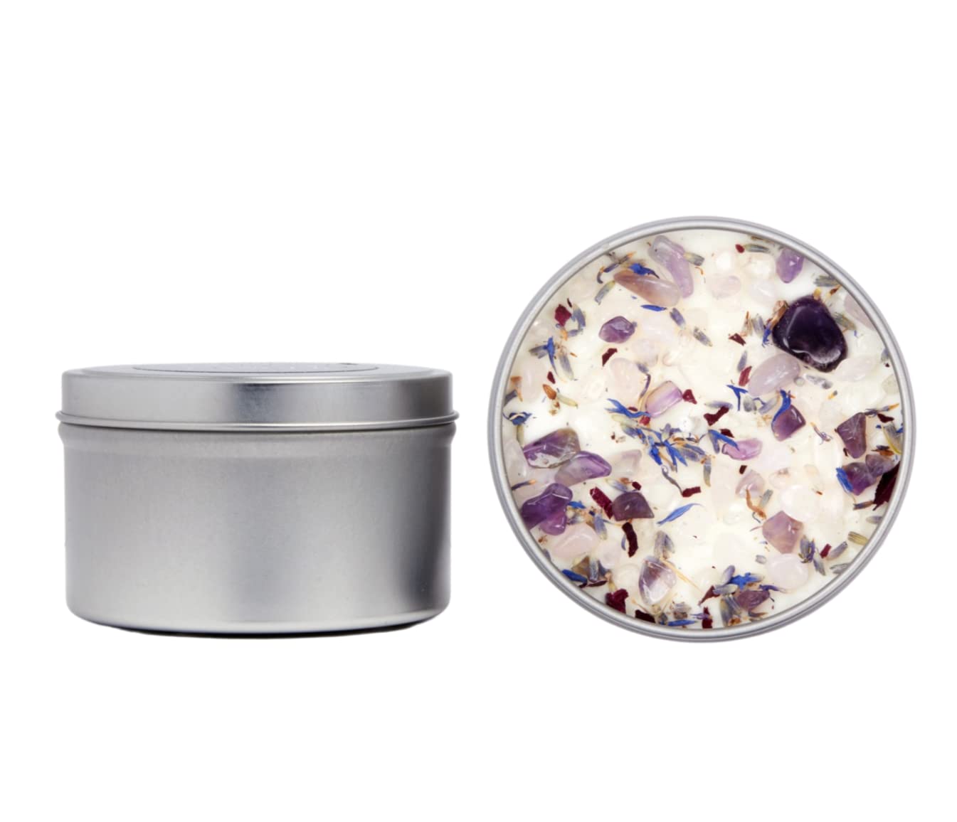 Stress Relief Candle by New Moon Beginnings - Lavender Scented Candle - Dried Flower & Crystal Candles - All Natural Essential Oil Soy Candle (8 Ounce Round Tin)