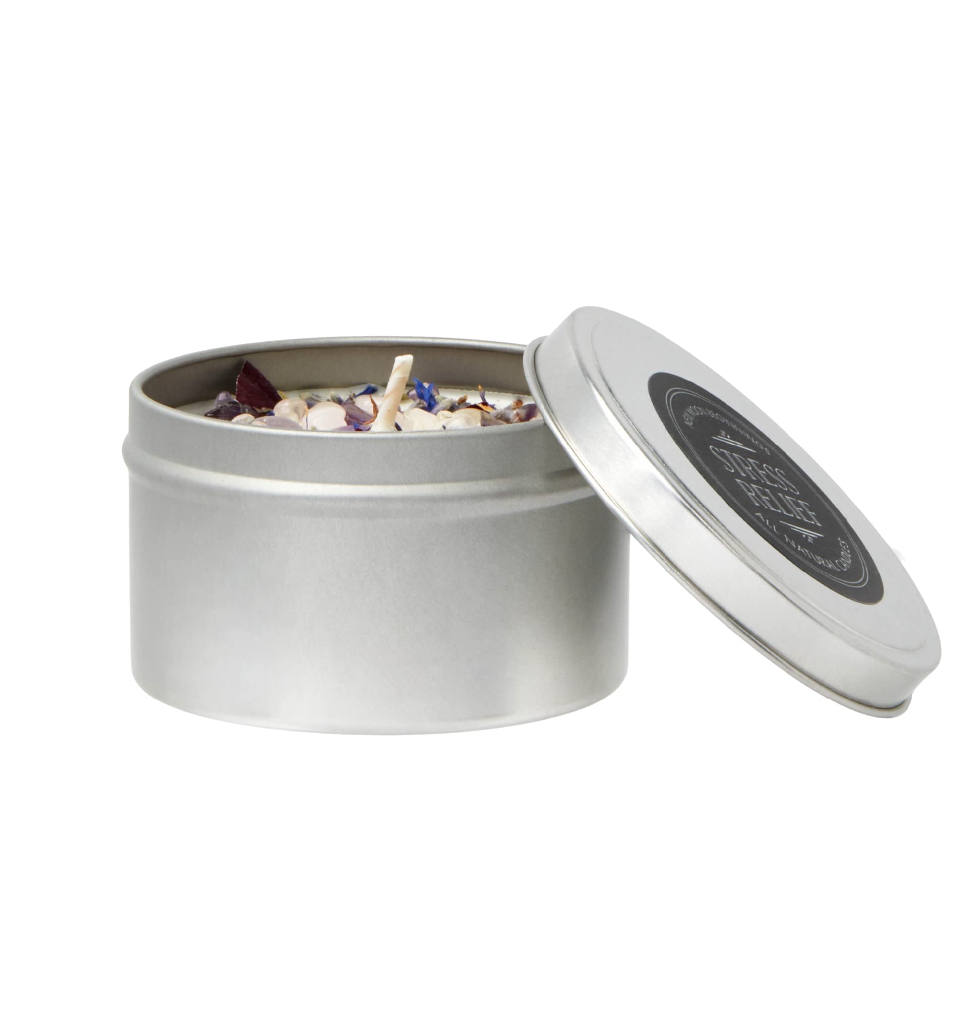 Stress Relief Candle by New Moon Beginnings - Lavender Scented Candle - Dried Flower & Crystal Candles - All Natural Essential Oil Soy Candle (8 Ounce Round Tin)