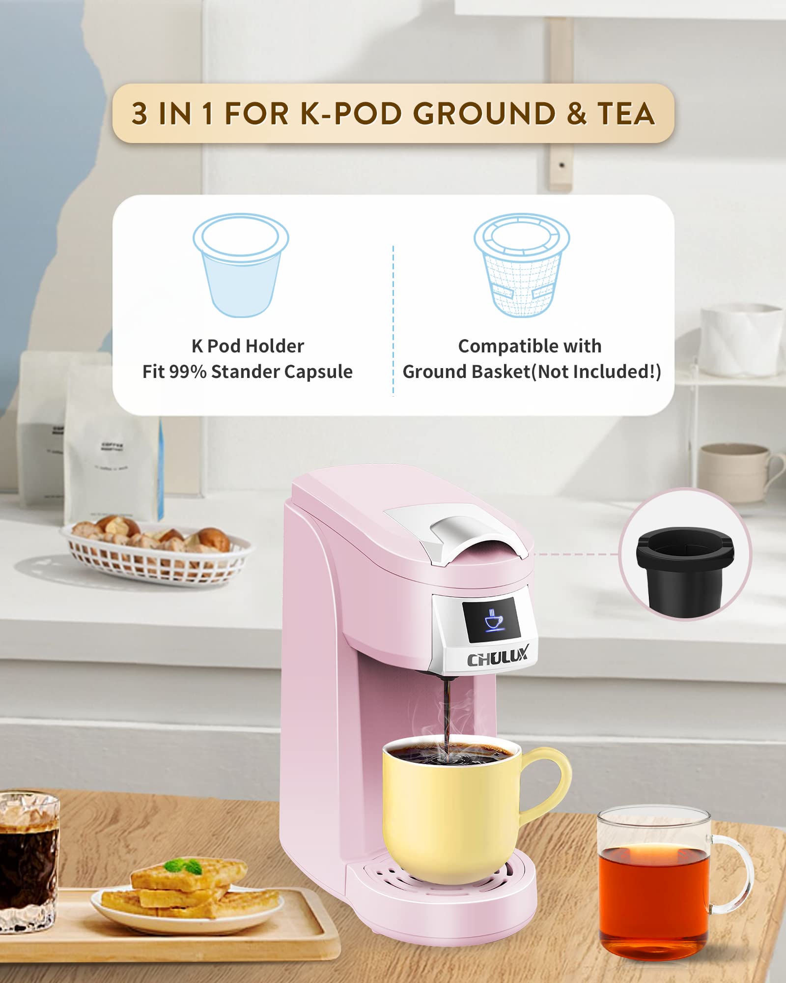 CHULUX Upgrade Single Serve Coffee Maker for K Cup & Ground Coffee, Pink Mini Single Cup Coffee Machine with One Touch Function, Fast Brewing in Minutes