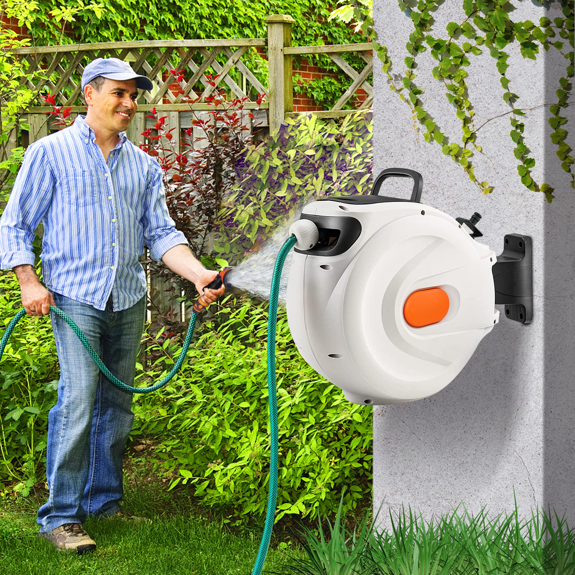 VANEPIC Retractable Garden Hose Reel 65 FT x 1/2 Inch Any Length Lock Hose Reel, Automatic Slow Rewind System, Wall Mounted and 180 Deg Swivel Bracket for Garden Watering and Car Washing