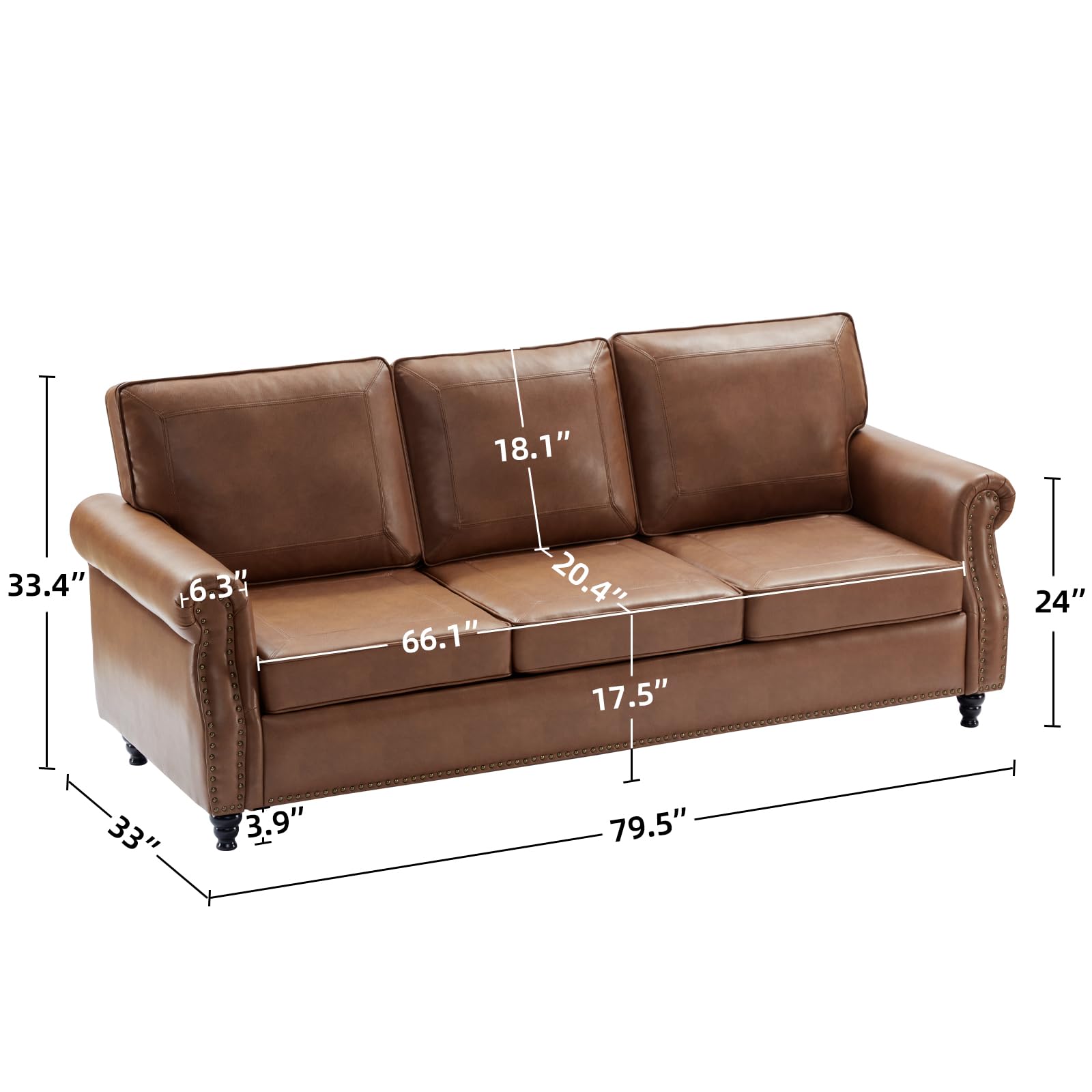 Dreamsir 79 Traditional Faux Leather Sofa Couch with Nailhead Trim, Classic 3-Seater Sofa with Rolled Arm for Living Room, Bedroom, Apartment, Easy Assembly (Brown) 5023