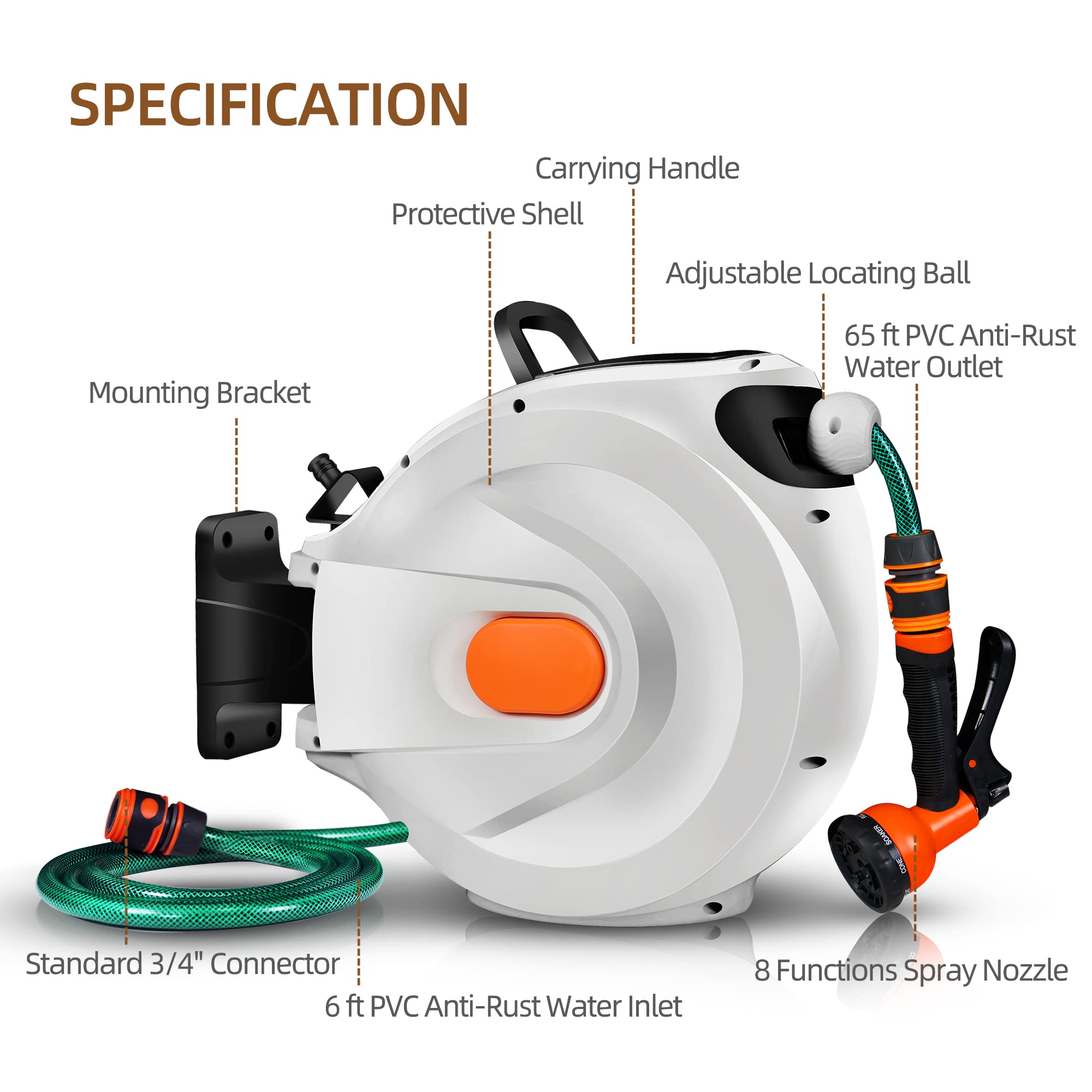 VANEPIC Retractable Garden Hose Reel 65 FT x 1/2 Inch Any Length Lock Hose Reel, Automatic Slow Rewind System, Wall Mounted and 180 Deg Swivel Bracket for Garden Watering and Car Washing