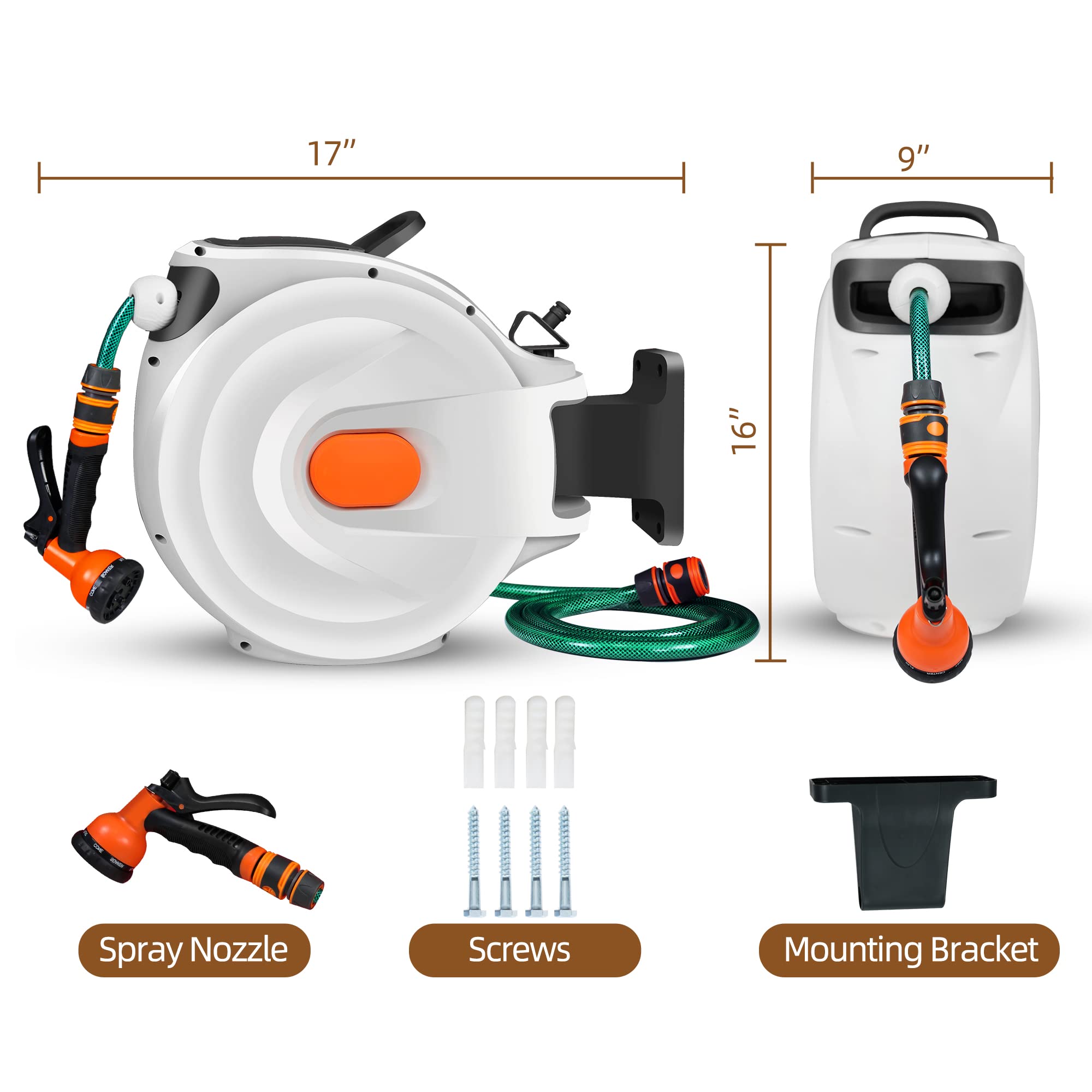 VANEPIC Retractable Garden Hose Reel 65 FT x 1/2 Inch Any Length Lock Hose Reel, Automatic Slow Rewind System, Wall Mounted and 180 Deg Swivel Bracket for Garden Watering and Car Washing