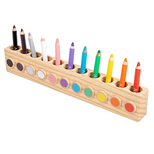 Auvewilo Montessori Wooden Colored Pencil Holder with 11 Compartments, Including 3 in 1 Short Fat Chubby Pencils, Wax Crayon, Watercolor Paint, Desktop Organizer for Kids, Office and School Supplies…