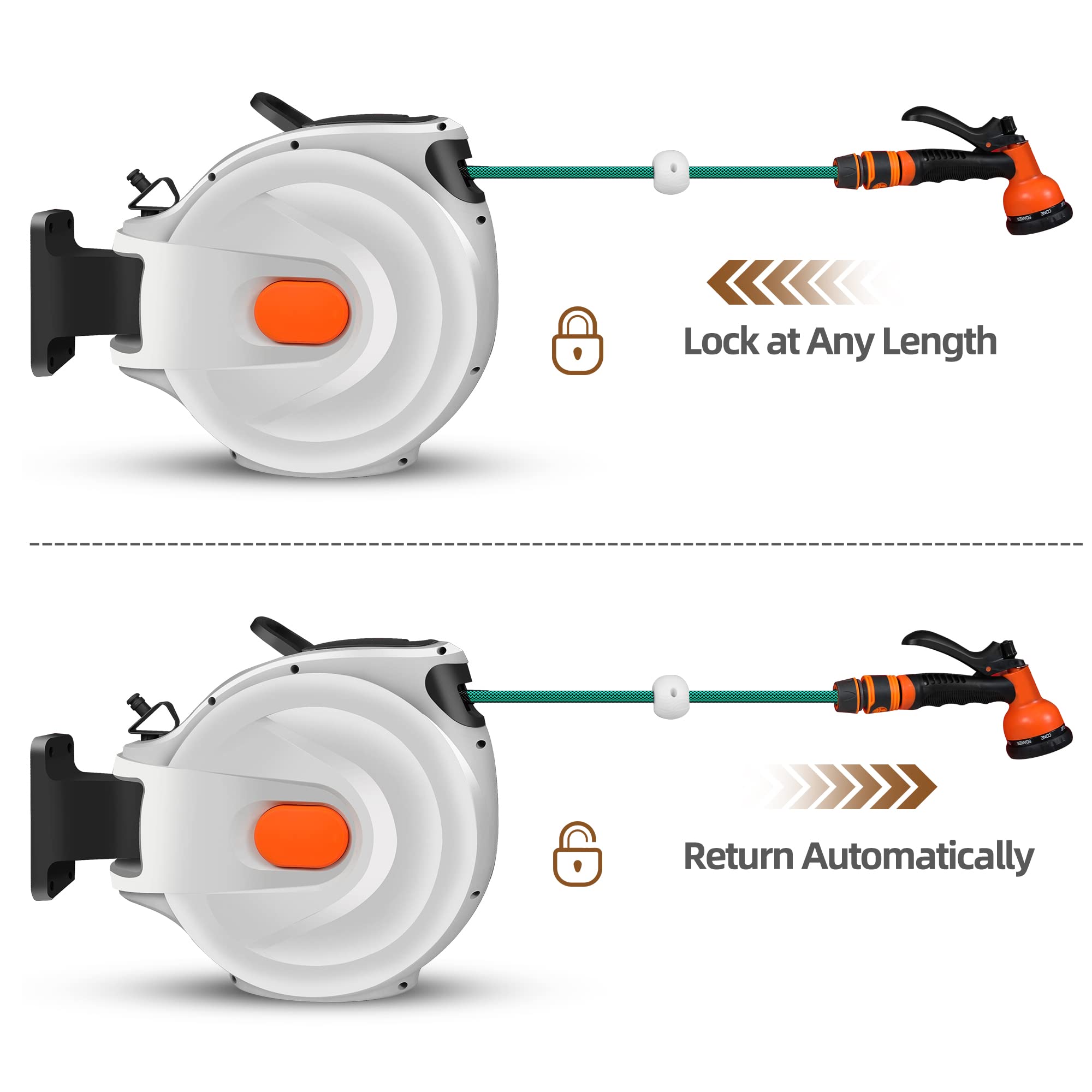VANEPIC Retractable Garden Hose Reel 65 FT x 1/2 Inch Any Length Lock Hose Reel, Automatic Slow Rewind System, Wall Mounted and 180 Deg Swivel Bracket for Garden Watering and Car Washing