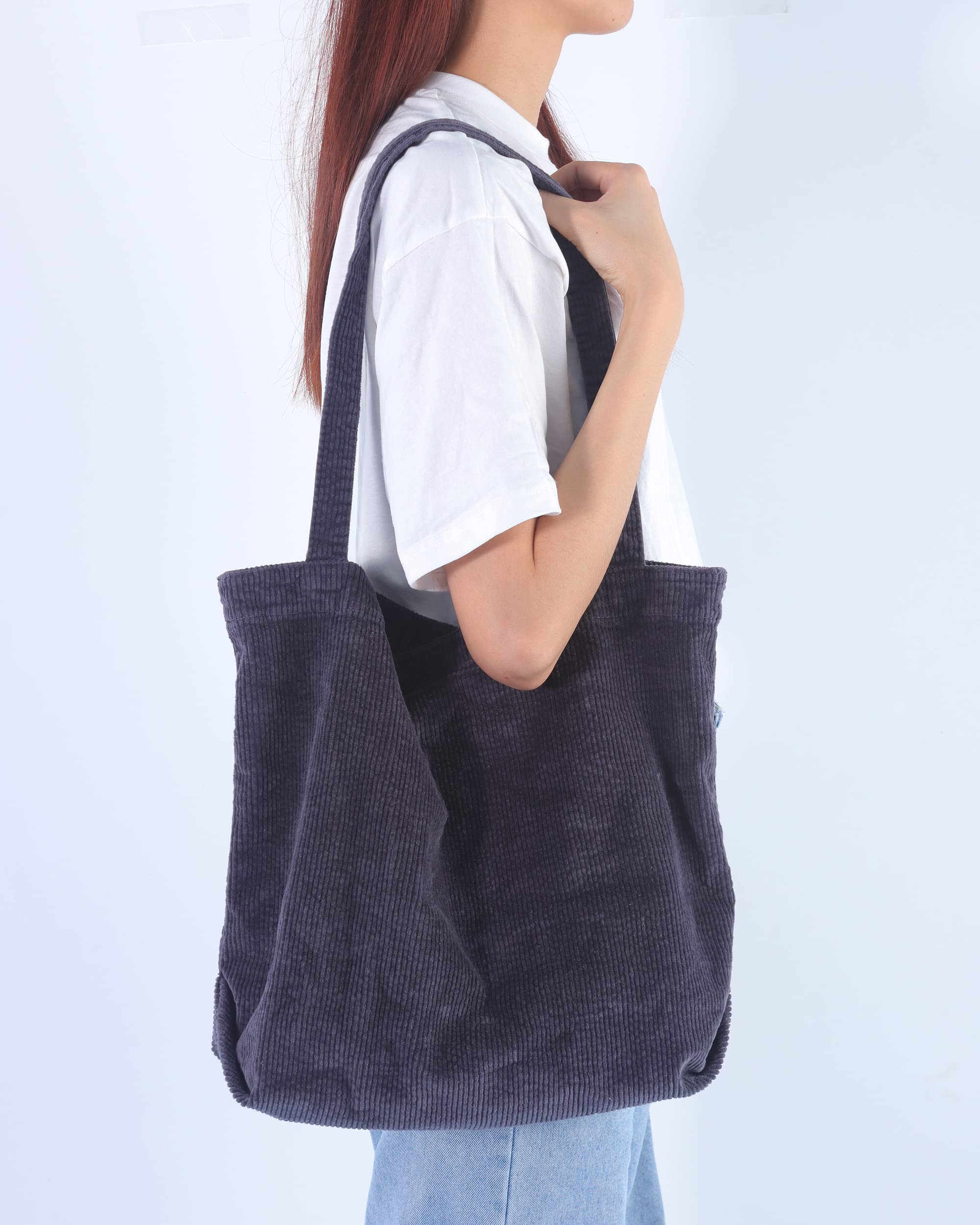 TCHH-DayUp Large Corduroy Tote Bag for Women Girl Casual Work Shoulder Handbags Cute Canvas Purse Grey