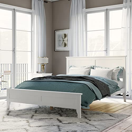 White Full Bed Frame with Headboard and Footboard , Full Size Platform Bed with Wood Slats Support , Wood Kids Full Size Bed Frame for Boys, Girls ,No Box Spring Needed (Full ,White)