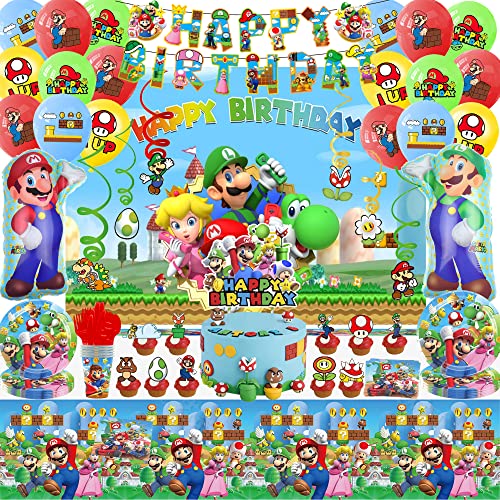 Game themed birthday party decorations for boys and girls with Plant Balloon,Tableware,Paper Cup,Tablecloth, Backdrop Super Movie Theme Party