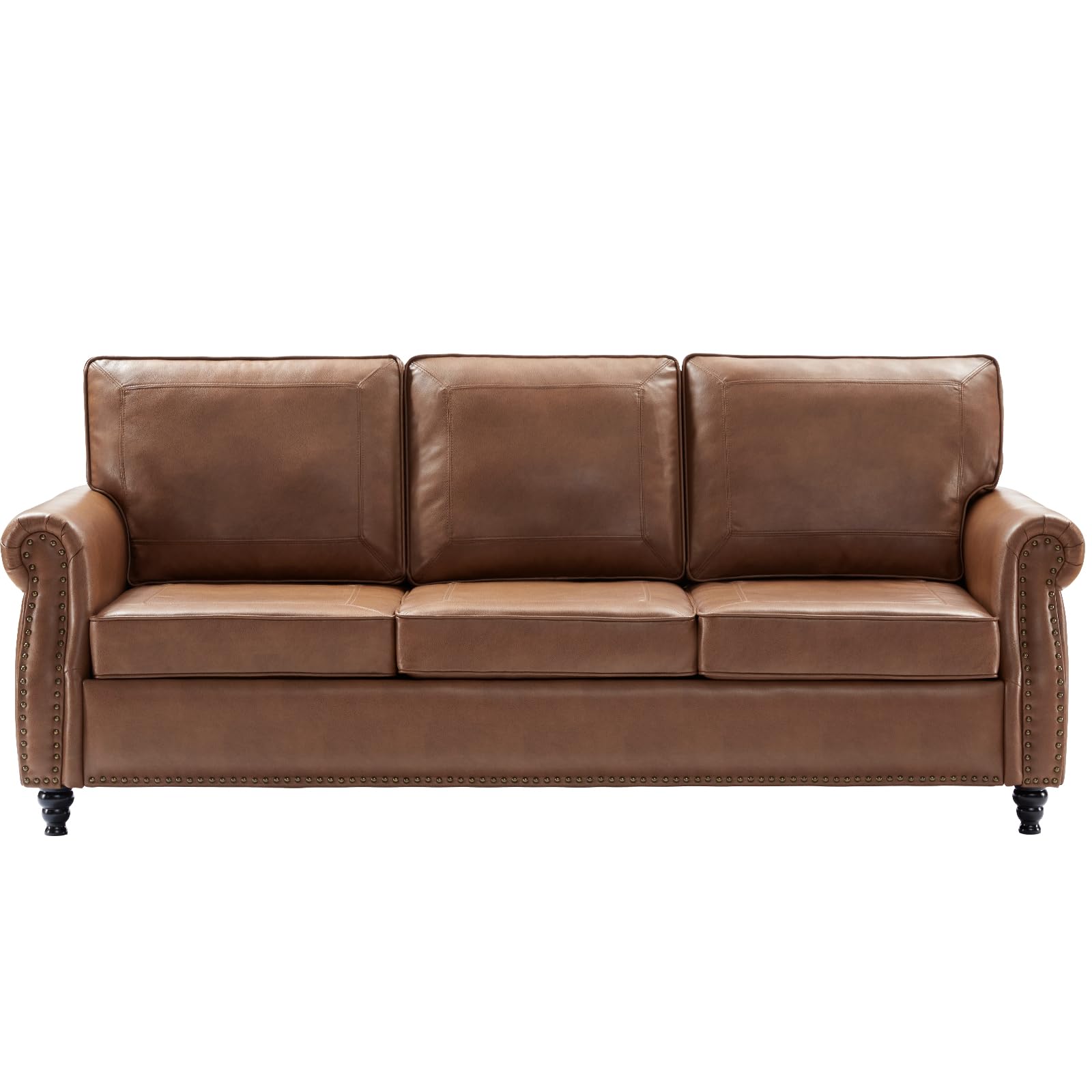 Dreamsir 79 Traditional Faux Leather Sofa Couch with Nailhead Trim, Classic 3-Seater Sofa with Rolled Arm for Living Room, Bedroom, Apartment, Easy Assembly (Brown) 5023