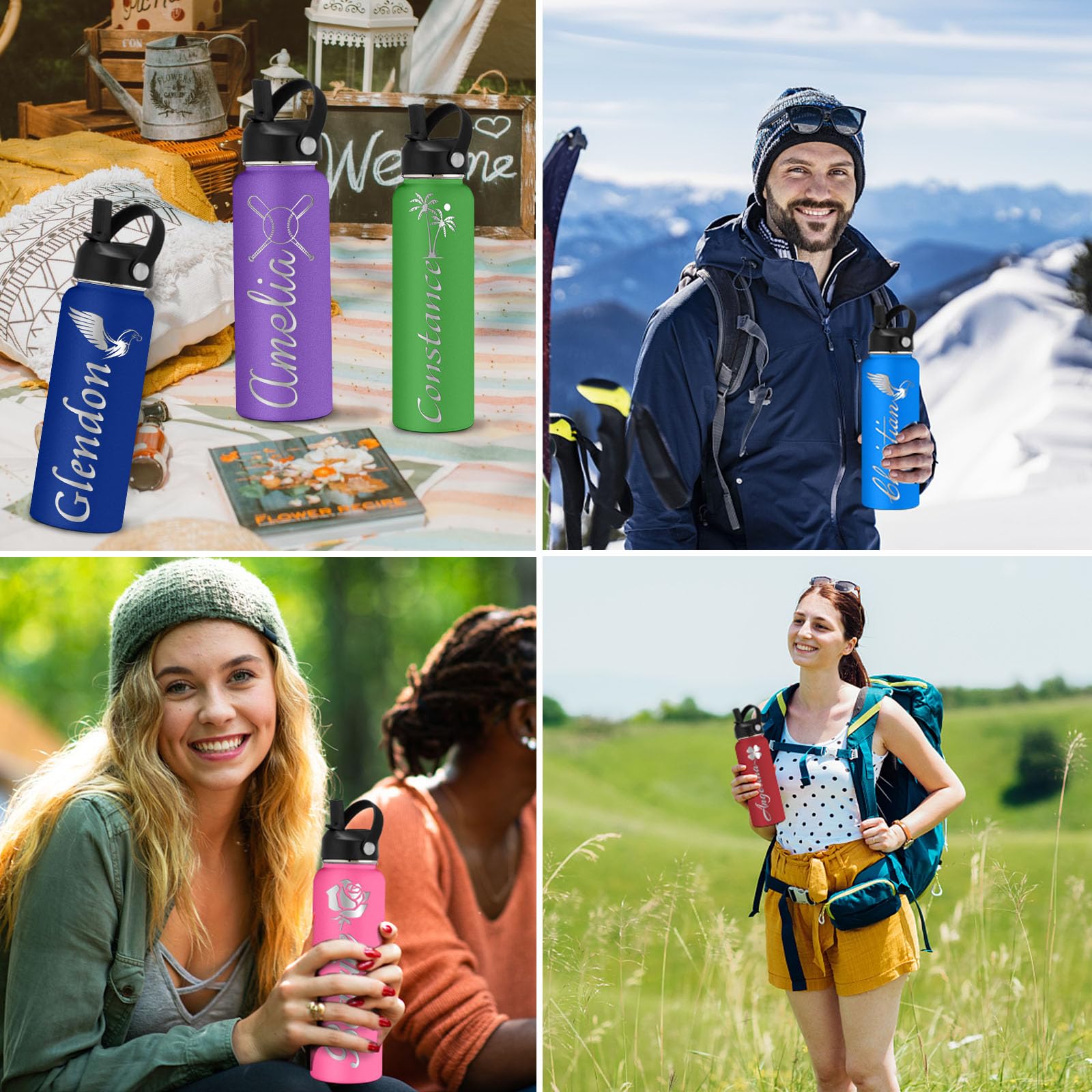 Westpearl Personalized Water Bottles with Straw 32oz Custom Stainless Steel Sports Water Bottle with Engraved Name Text Customized Insulated Double Wall Water Bottles for School Sports