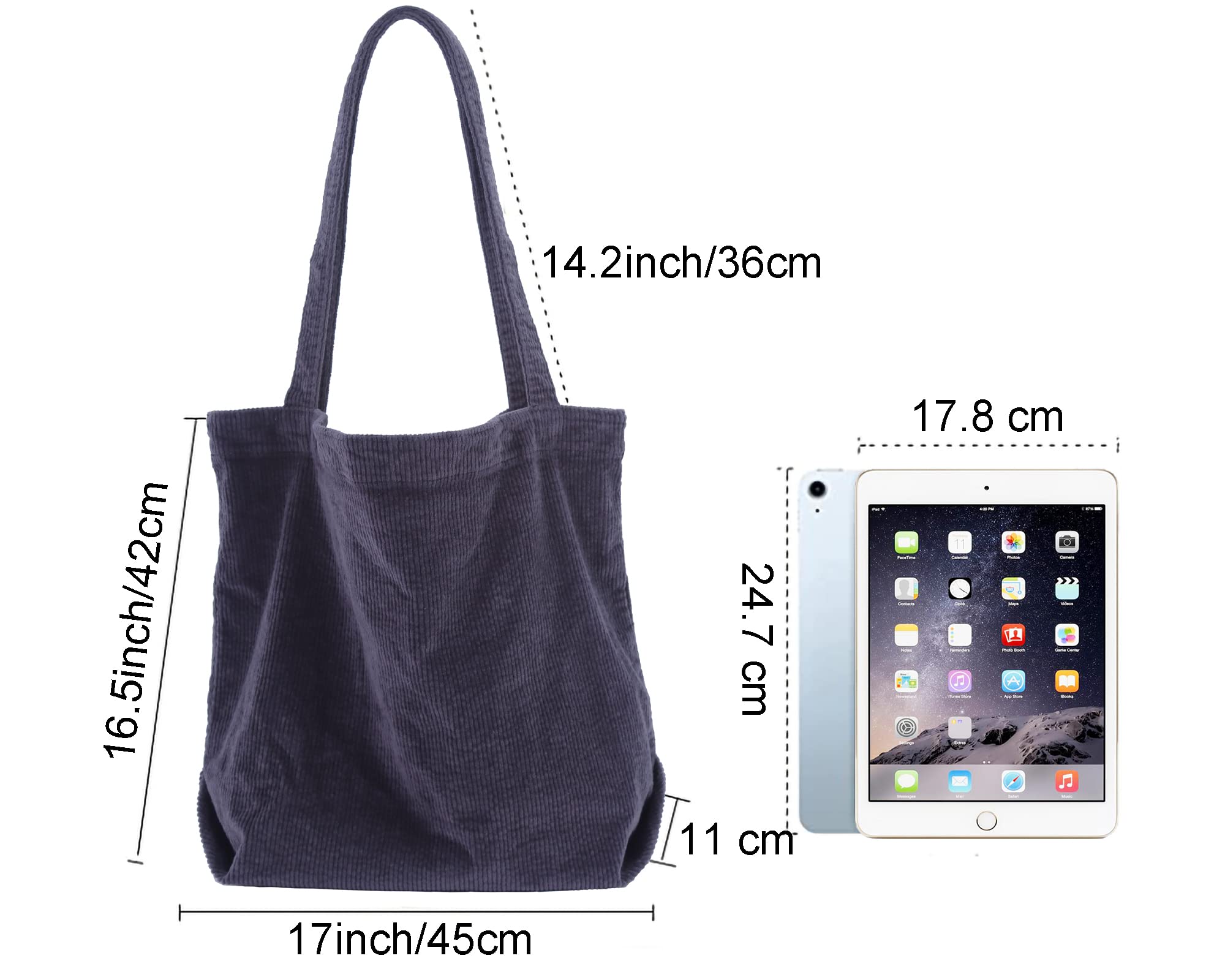 TCHH-DayUp Large Corduroy Tote Bag for Women Girl Casual Work Shoulder Handbags Cute Canvas Purse Grey