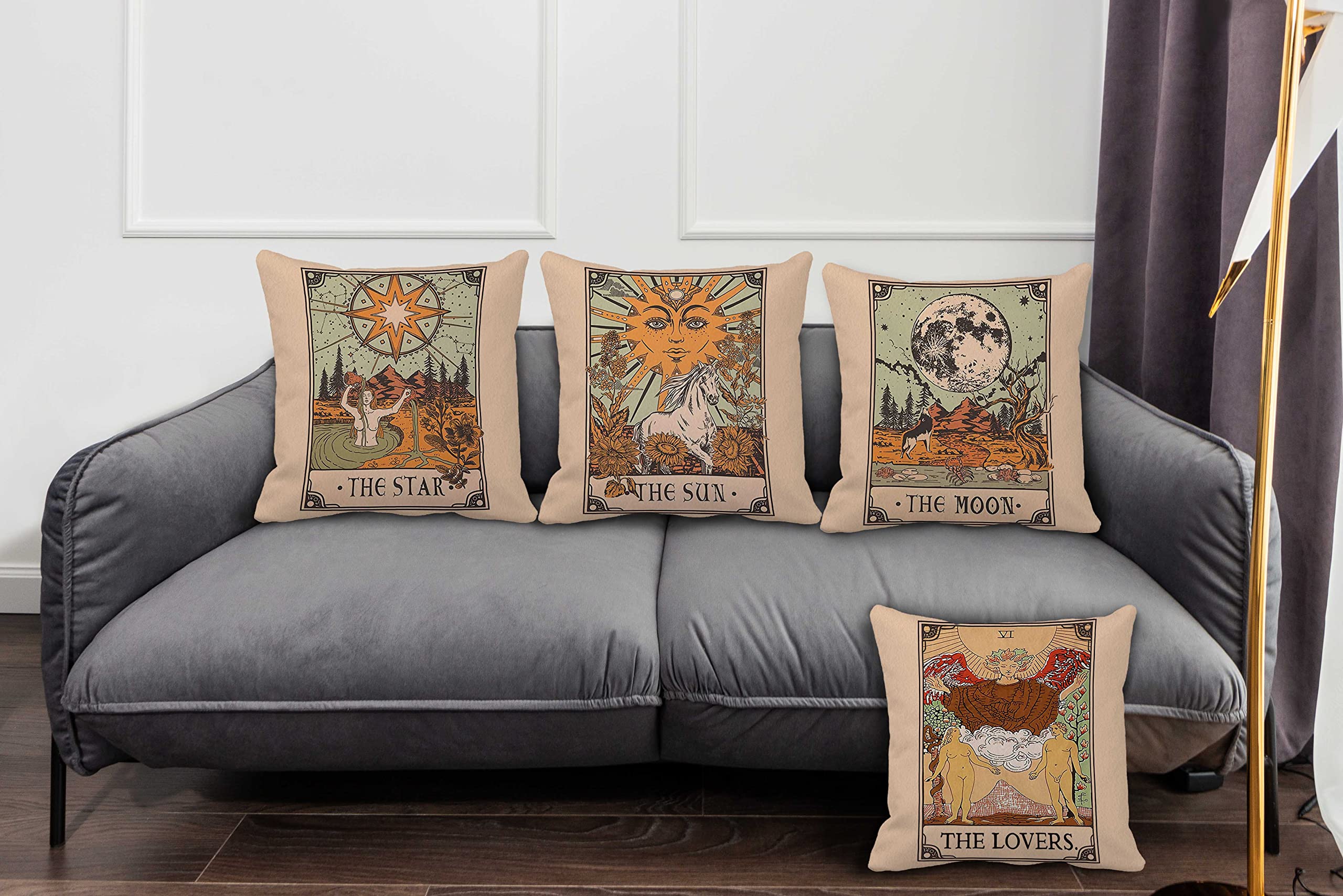 GICHUGI Tarot Card Pillow Covers Set - Tarot Gifts, Tarot Throw Pillow, Set of 4 Flannel Sun Moon Decrative Throw Pillow Cases 18x18, Tarot Decor