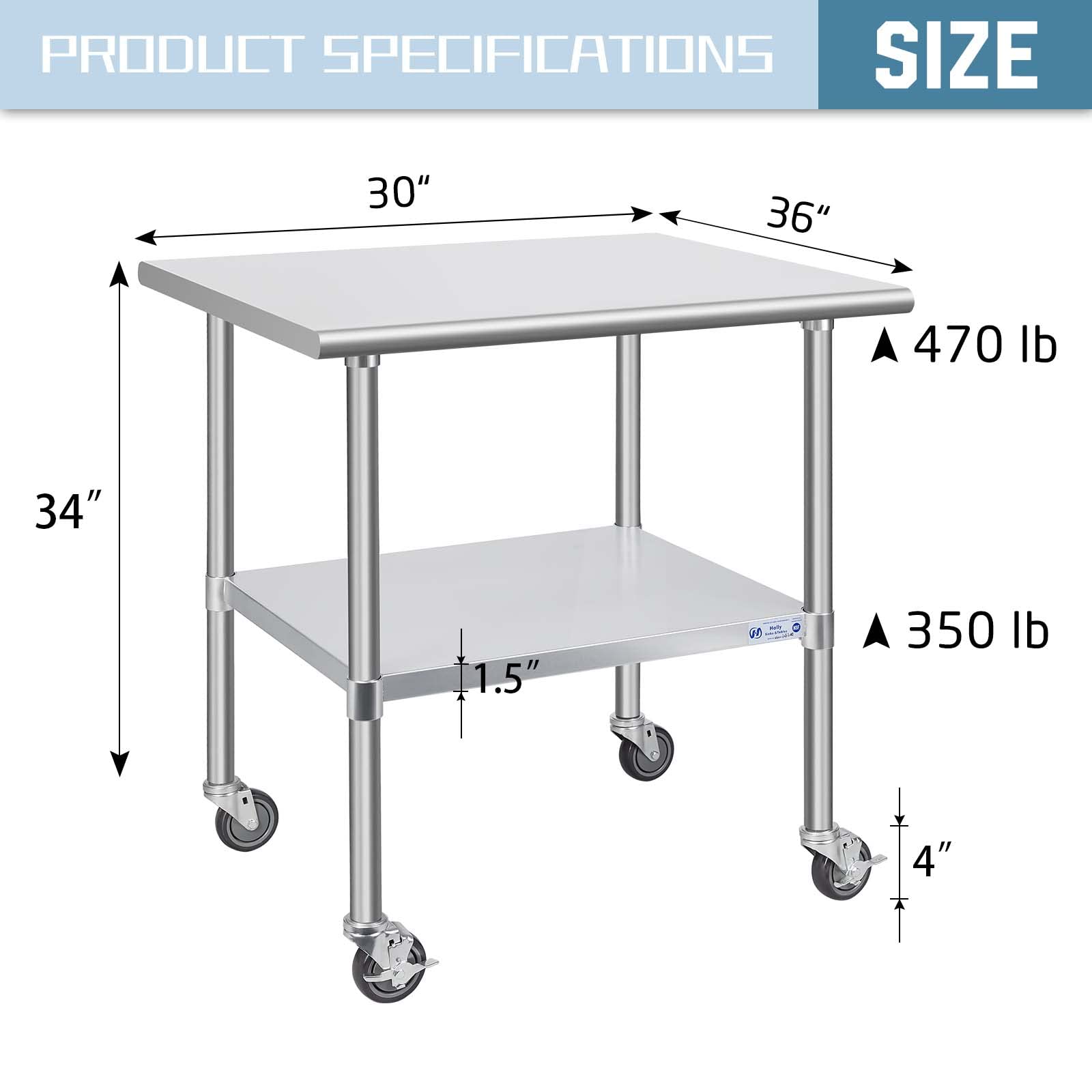 Hally Stainless Steel Table for Prep & Work 30 x 36 Inches with Caster Wheels, NSF Commercial Heavy Duty Table with Undershelf and Galvanized Legs for Restaurant, Home and Hotel
