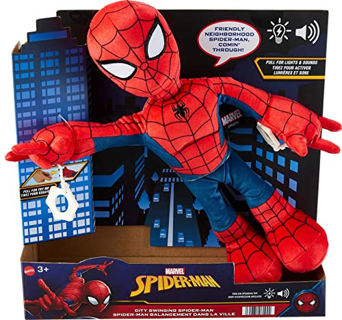 Marvel Spider-Man Plush Toy, City Swinging Soft Doll, 11-inch Super Hero Figure with Web-Swinging Action, Lights and Sounds