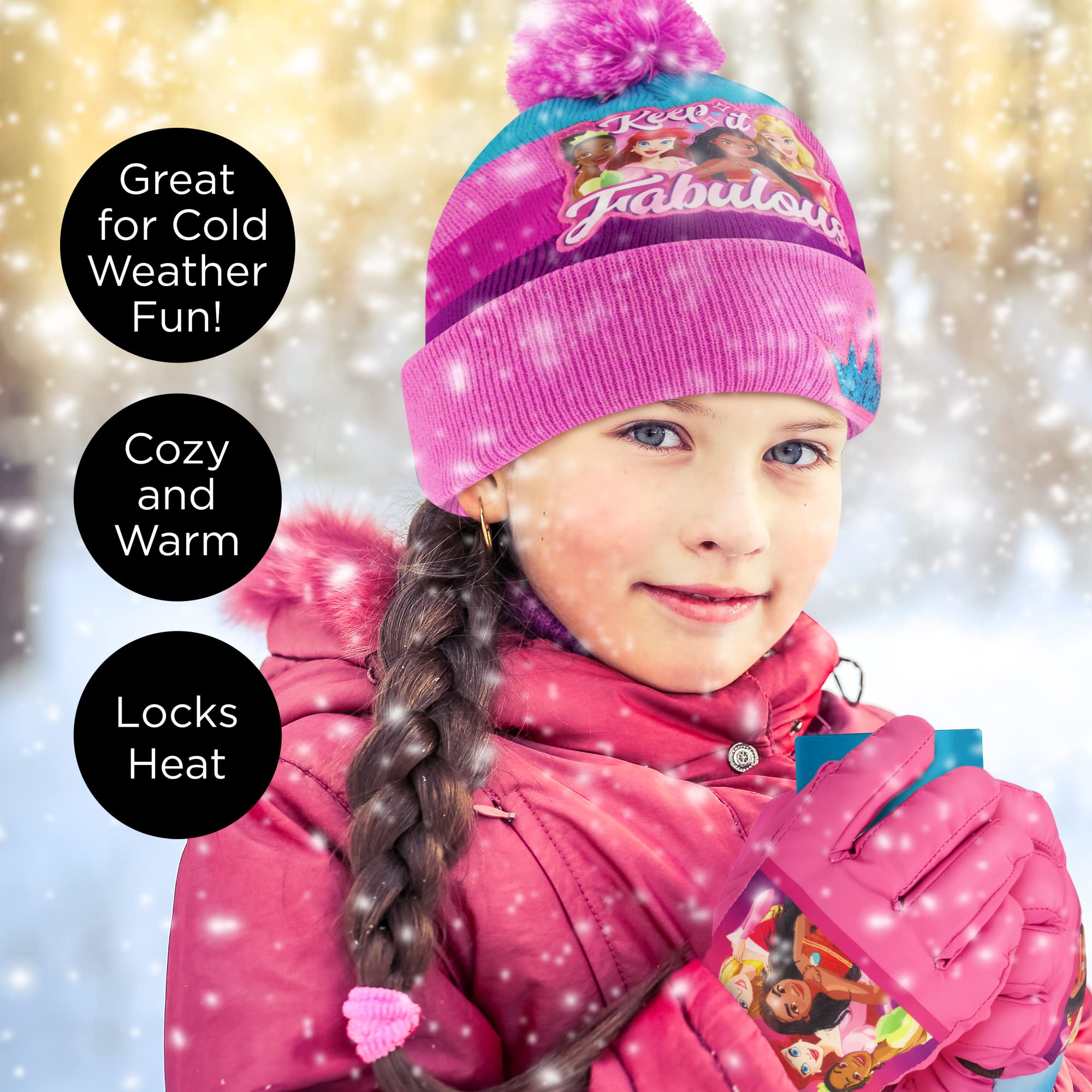 Disney Girls Winter Hat with Knit Gloves and Insulated Ski Glove Set, Princess For Ages 4-7