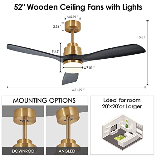 52" Outdoor Ceiling Fan with Light and Remote, Black Gold Ceiling Fan Light with Quiet DC Motor and 3 Solid Blades Noiseless Reversible Fan for Bedroom, Patio, 6-Speed Timer