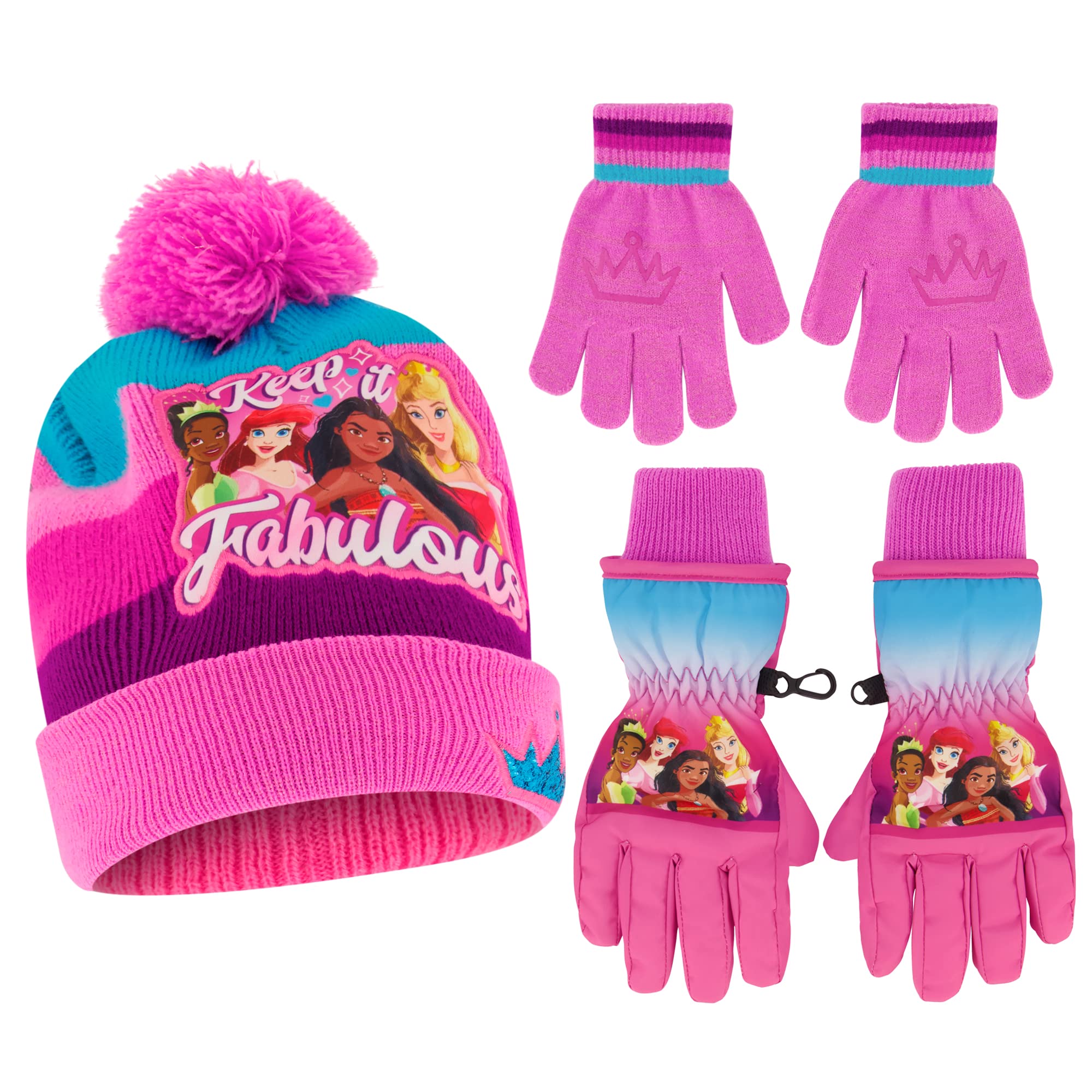 Disney Girls Winter Hat with Knit Gloves and Insulated Ski Glove Set, Princess For Ages 4-7