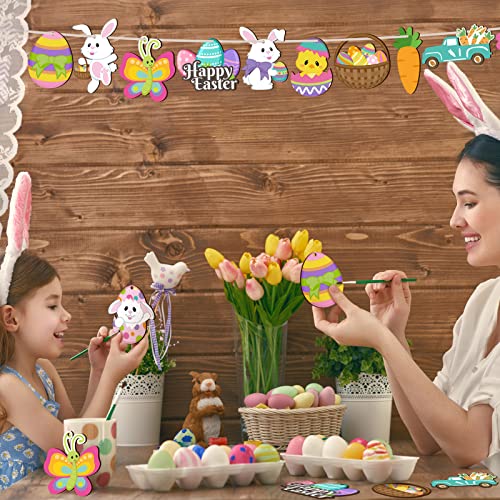 24 Pieces Spring Easter Wooden Ornaments Happy Easter Cutouts Embellishments Cute Holiday Decorations with Strings Hanging Ornaments for Easter Tree Party Home Classroom Decor (Bunny Egg Flower)