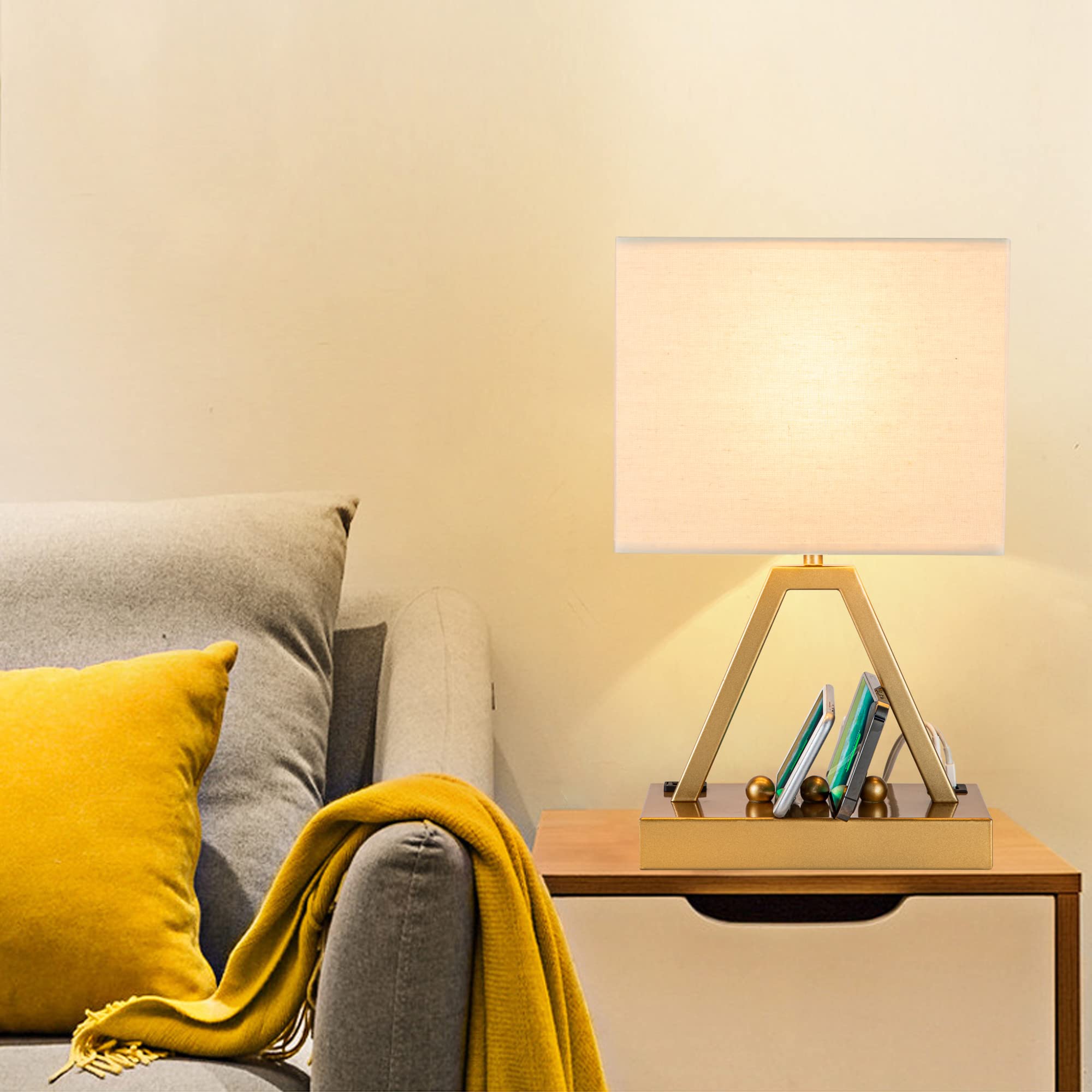 Briever USB Touch Control Table Lamp, 3-Way Dimmable Desk Lamp with USB C & USB A and AC Outlet, Bedside Lamp with Phone Stand and Fabric Shade for Bedroom, Living Room,Bulb Included, Gold