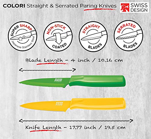 Kuhn Rikon Serrated Paring Knife with Safety Sheath, 4 inch/10.16 cm Blade, Green & Yellow
