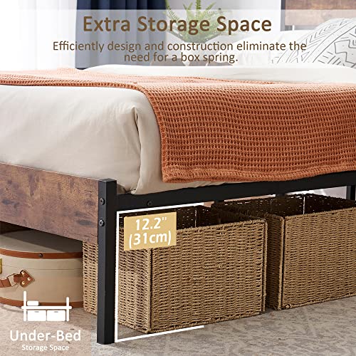 VECELO Platform Full Bed Frame with Rustic Vintage Wood Headboard and Footboard, Mattress Foundation, Strong Metal Slats Support, No Box Spring Needed