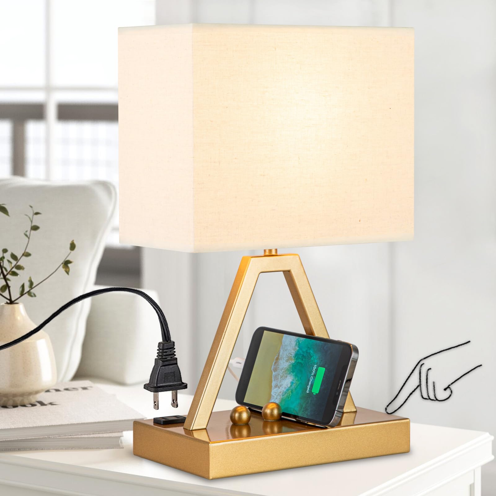 Briever USB Touch Control Table Lamp, 3-Way Dimmable Desk Lamp with USB C & USB A and AC Outlet, Bedside Lamp with Phone Stand and Fabric Shade for Bedroom, Living Room,Bulb Included, Gold