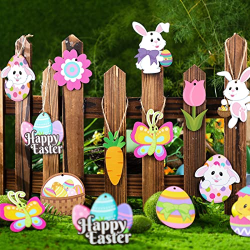 24 Pieces Spring Easter Wooden Ornaments Happy Easter Cutouts Embellishments Cute Holiday Decorations with Strings Hanging Ornaments for Easter Tree Party Home Classroom Decor (Bunny Egg Flower)
