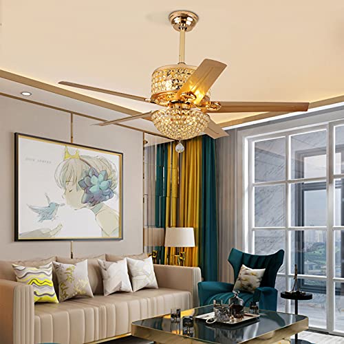 52 Inch Modern Luxurious Crystal Fan Chandelier Reversible Silent Ceiling Fan Light Three Wind Speed Adjustable with Remote Control 5 Blades Decorative Fan Light Fixture Bedroom Living Room(Gold)