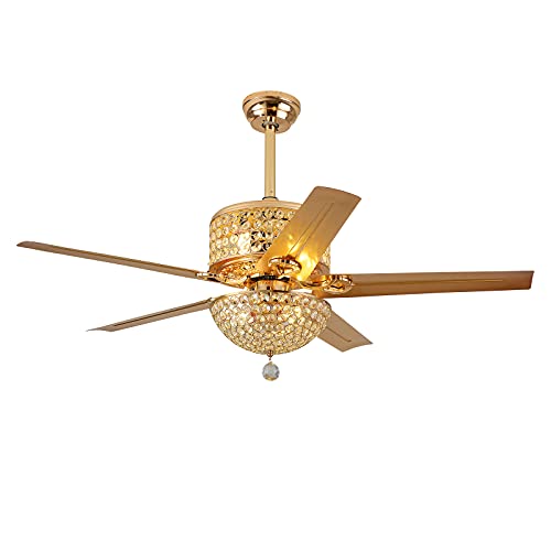 52 Inch Modern Luxurious Crystal Fan Chandelier Reversible Silent Ceiling Fan Light Three Wind Speed Adjustable with Remote Control 5 Blades Decorative Fan Light Fixture Bedroom Living Room(Gold)