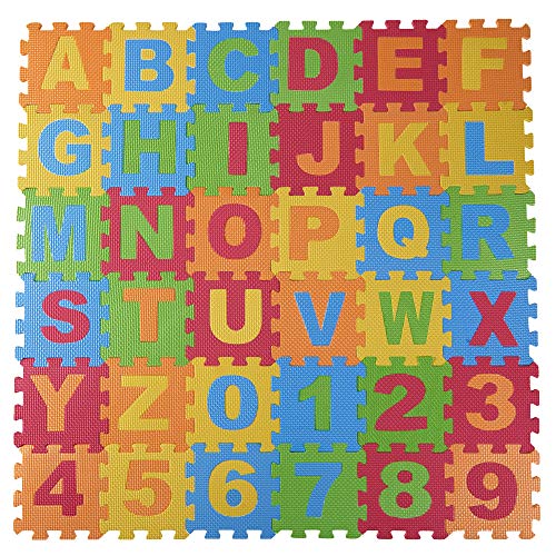 DIMPLE Kids Foam Play Mat (36-Piece Set) 6.25 x 6.25 Inches Interlocking Alphabet and Numbers Floor Puzzle Colorful EVA Tiles Girls, Boys Soft, Reusable, Easy to Clean