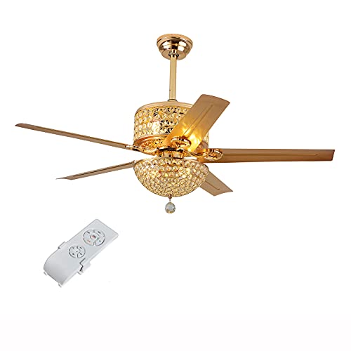 52 Inch Modern Luxurious Crystal Fan Chandelier Reversible Silent Ceiling Fan Light Three Wind Speed Adjustable with Remote Control 5 Blades Decorative Fan Light Fixture Bedroom Living Room(Gold)