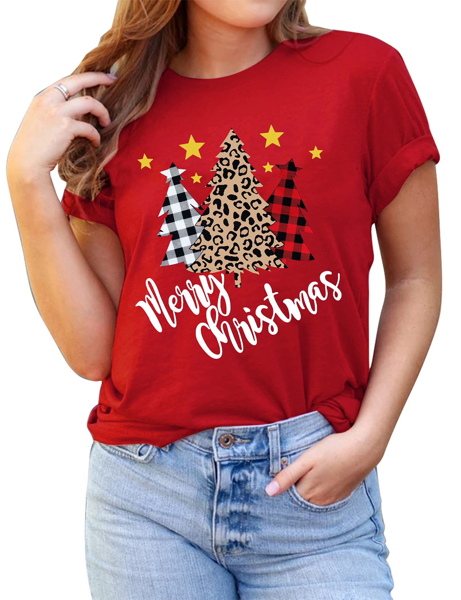 MAIHUN Merry Christmas Shirts for Women Leopard Plaid Christmas Trees Shirt Xmas Holiday Tee Tops
