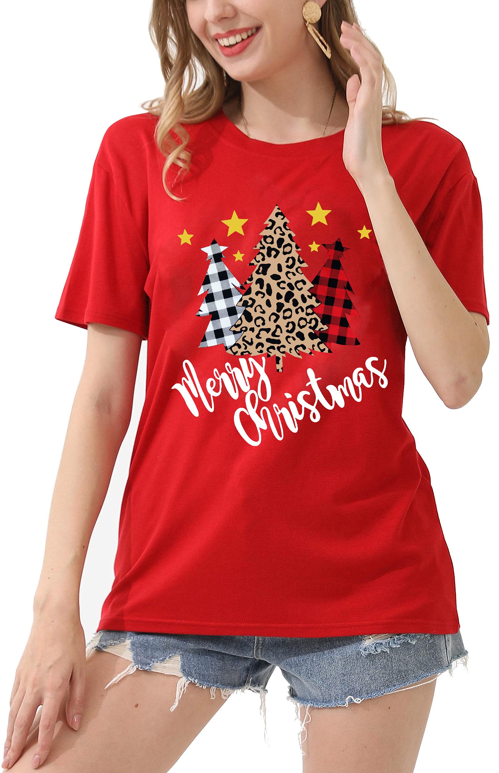 MAIHUN Merry Christmas Shirts for Women Leopard Plaid Christmas Trees Shirt Xmas Holiday Tee Tops