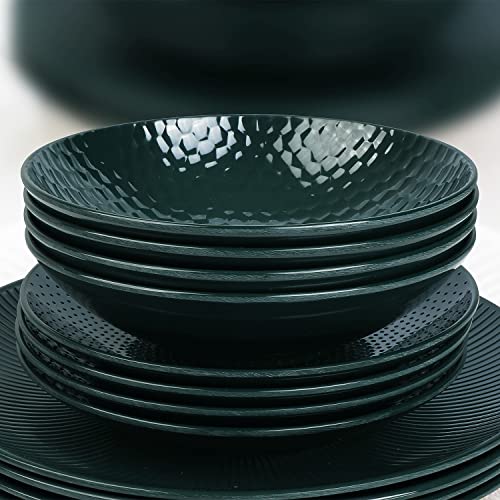 afcevnlb Retro Green Dinnerware Sets 12 pcs Melamine Plates and Bowls Sets Round Dinner Set with Plates, Dishes, Bowls and Serving Platters, Kitchen Dinnerware Sets for 4