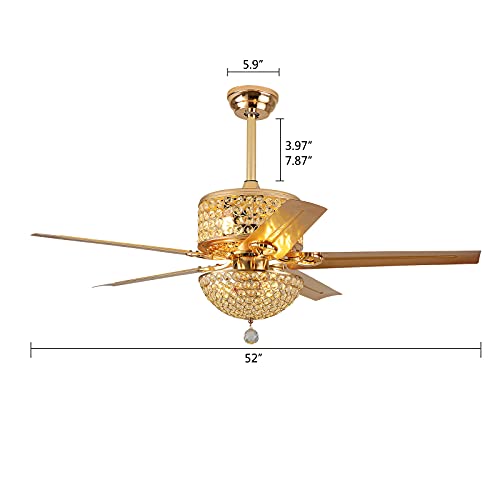 52 Inch Modern Luxurious Crystal Fan Chandelier Reversible Silent Ceiling Fan Light Three Wind Speed Adjustable with Remote Control 5 Blades Decorative Fan Light Fixture Bedroom Living Room(Gold)