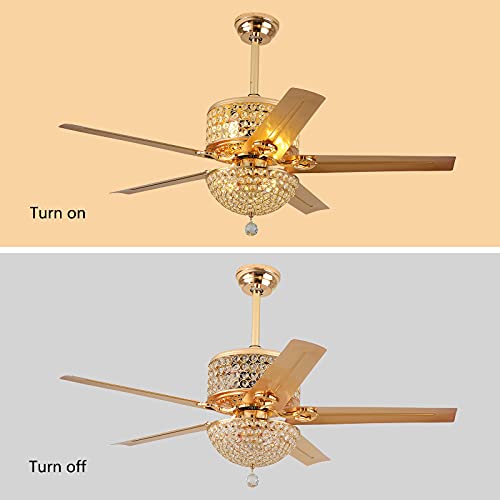 52 Inch Modern Luxurious Crystal Fan Chandelier Reversible Silent Ceiling Fan Light Three Wind Speed Adjustable with Remote Control 5 Blades Decorative Fan Light Fixture Bedroom Living Room(Gold)
