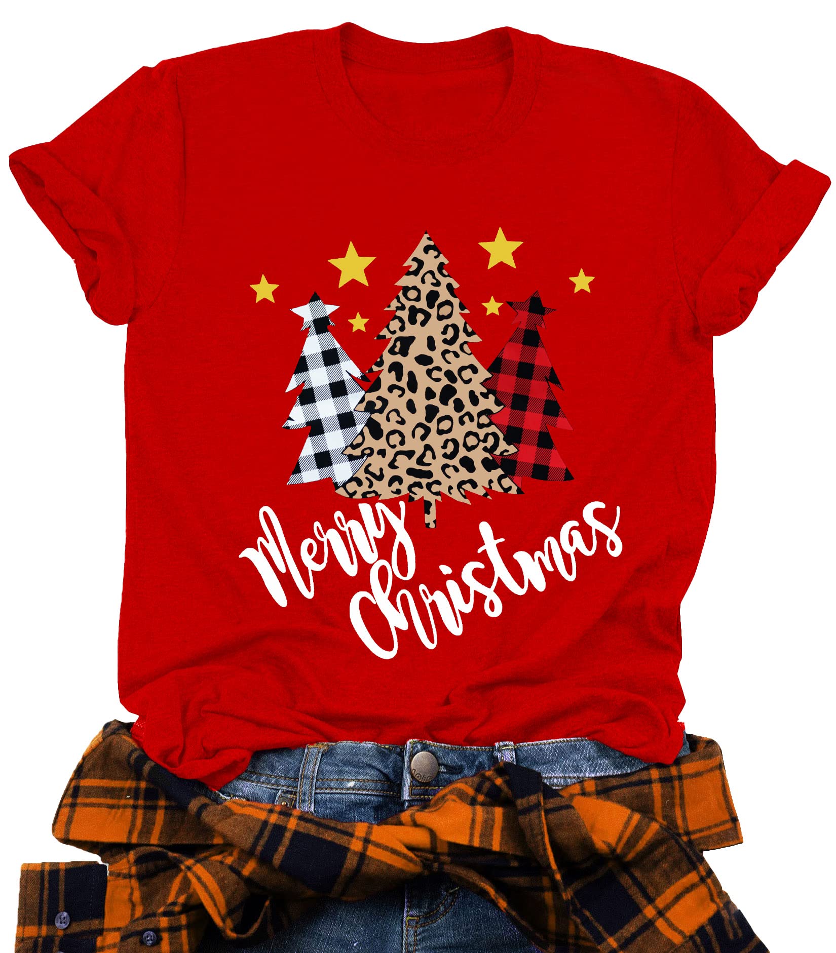 MAIHUN Merry Christmas Shirts for Women Leopard Plaid Christmas Trees Shirt Xmas Holiday Tee Tops